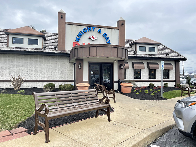 A diner entrance that promises good things await inside. That bench isn't just seating&mdash;it's for the food meditation you'll need afterward.
