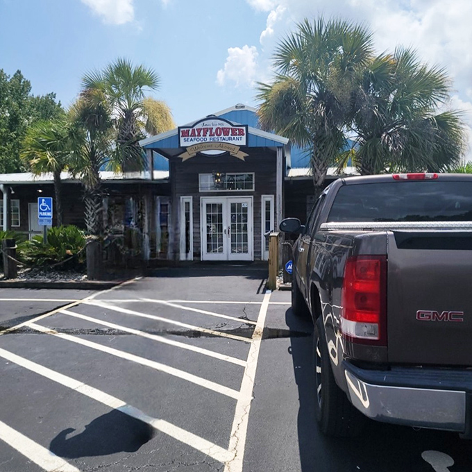 The Mayflower's inviting entrance promises seafood treasures within&mdash;those double doors might as well be labeled "Happiness This Way."