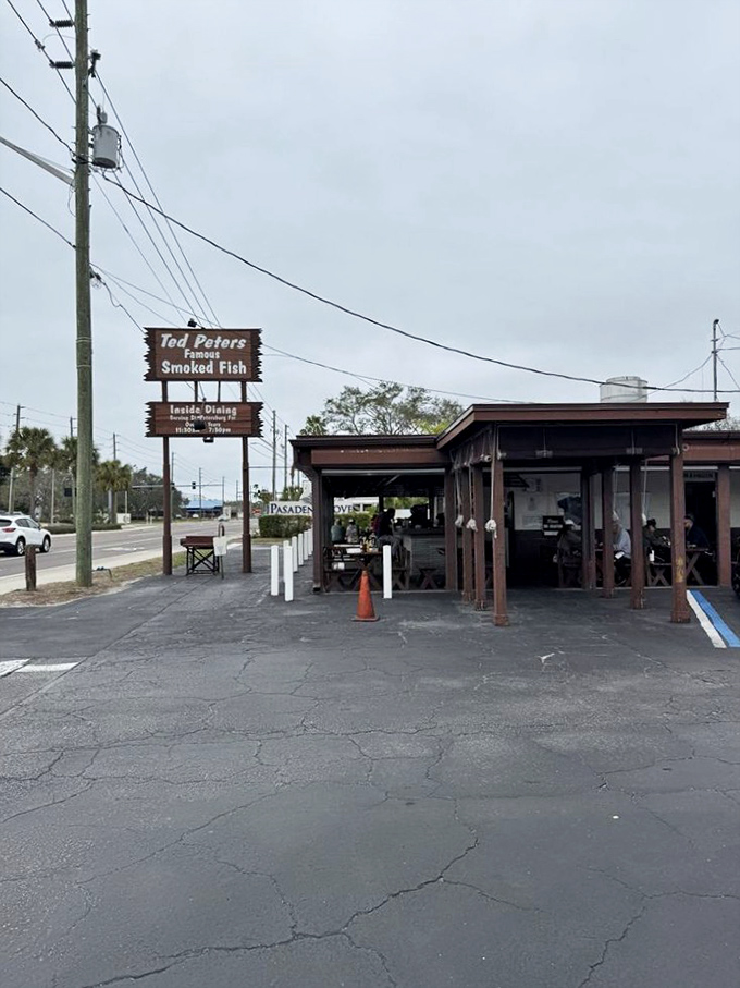 Even on overcast days, Ted Peters' iconic sign stands as a beacon for smoked fish pilgrims who've been making this journey since 1951.