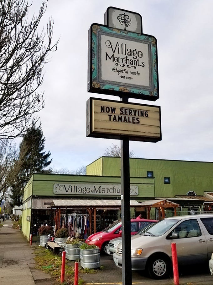 The vintage storefront sign promising "delightful resale" delivers truth in advertising – and apparently tamales, proving Portland keeps it deliciously weird.
