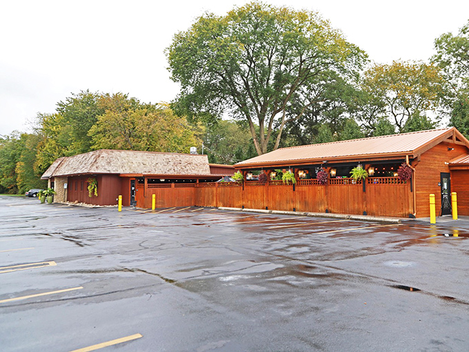 The full exterior view reveals Nick's true character – part roadside attraction, part culinary destination, all welcoming charm under a copper-colored roof.
