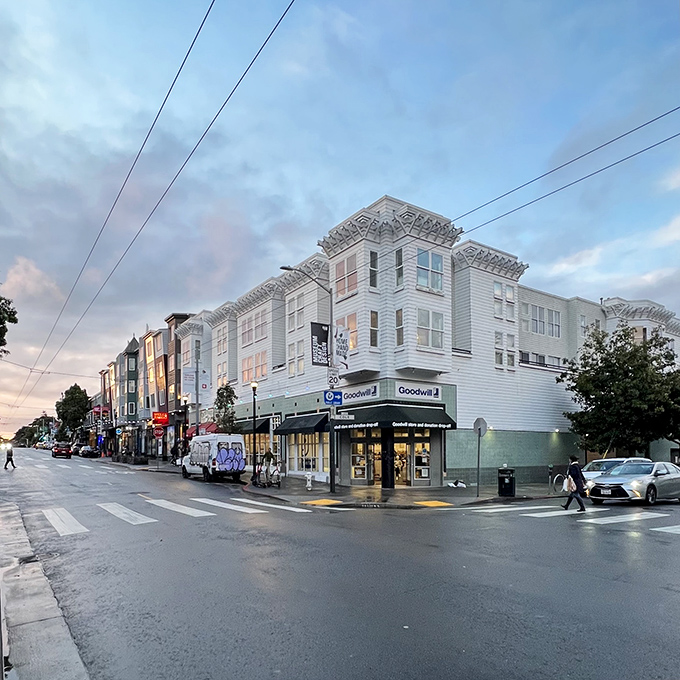 Evening light bathes the Victorian-era building, transforming this thrift mecca into something almost romantic.