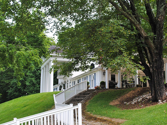 Winding paths and lush greenery frame the manor's elegant white facade, creating an approach that builds anticipation with every step.