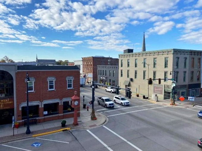 The bird's-eye view reveals Van Wert's orderly grid, where even the clouds seem to arrange themselves in photogenic formations above the historic downtown.