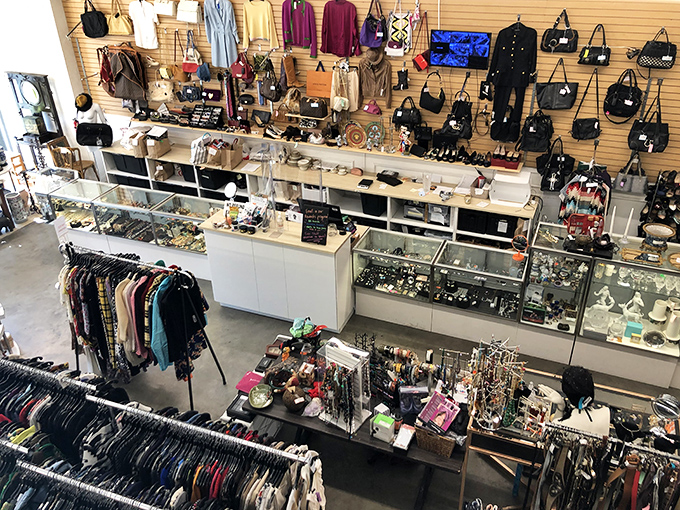 A bird's-eye view of fashion's afterlife&mdash;where retail therapy meets environmental responsibility in a beautifully organized landscape.