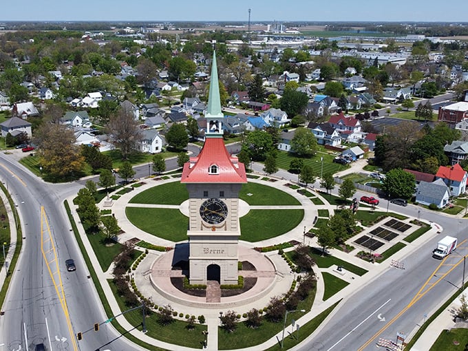From above, Berne's clock tower takes center stage in this perfectly planned town layout. This aerial view reveals the thoughtful design that makes this small town so navigable.