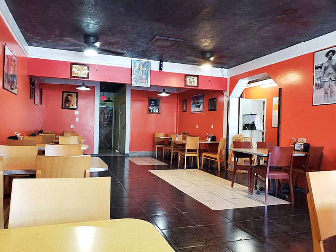 The warm coral walls and straightforward setup create the perfect backdrop for food that speaks volumes without needing fancy surroundings.