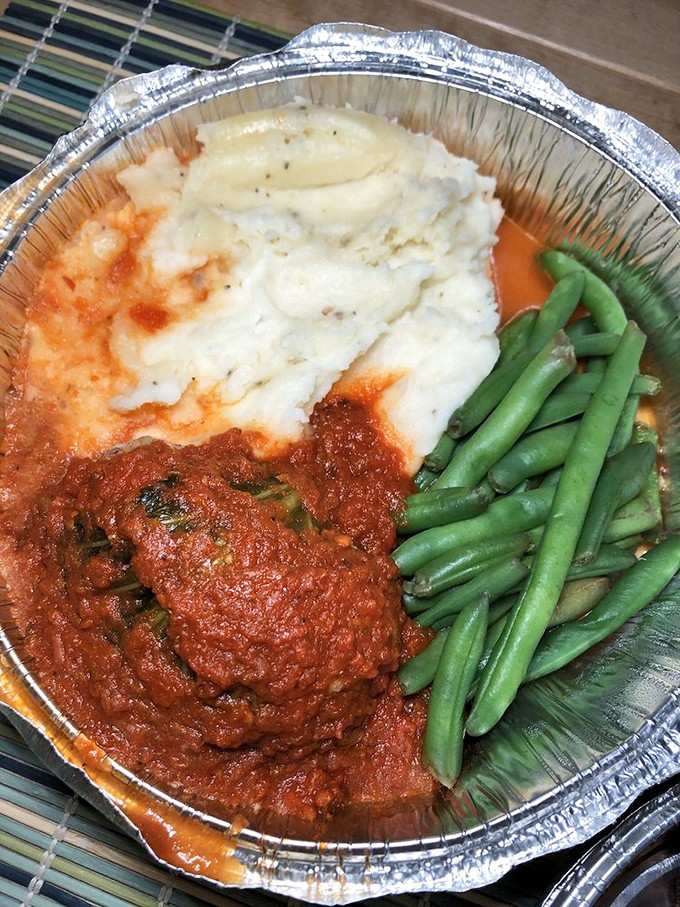 This complete meal proves pierogi can anchor a hearty dinner alongside mashed potatoes and green beans.