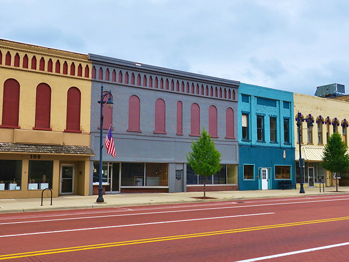 Historic charm meets modern living in Albion's colorful downtown, where these rainbow-hued buildings tell stories of Michigan's rich past.