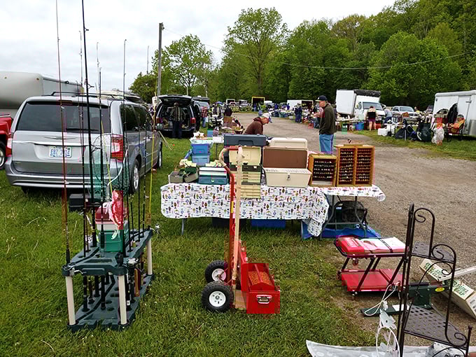 Treasure hunting in action! Tables loaded with fishing gear, tools, and household gems await the early birds at Armada.