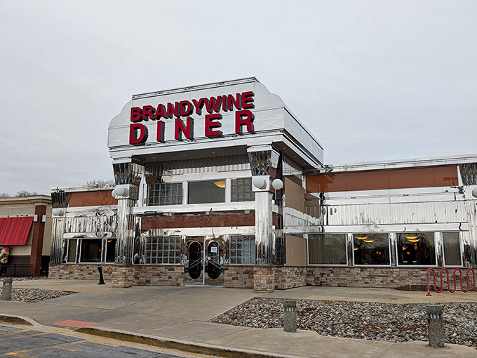The gleaming chrome exterior of Brandywine Diner shines like a beacon for hungry travelers. Classic Americana at its finest!