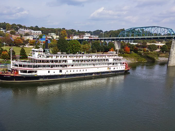 The Delta Queen steamboat rests majestically on Chattanooga's riverfront, like a time machine ready to whisk you back to Mark Twain's era.
