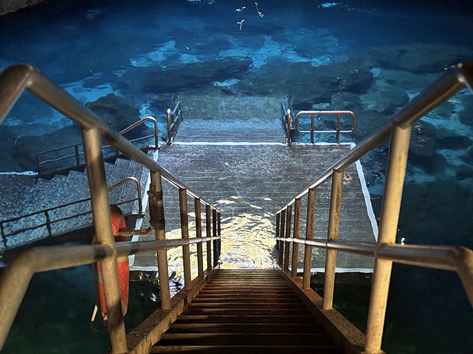 Stairway to heaven? Nope, just the entrance to Devil's Den, where that mesmerizing blue glow beckons adventurous swimmers below.
