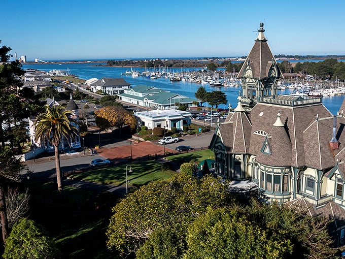 Eureka's Victorian charm is on full display! The Carson Mansion stands like a wedding cake with turrets instead of tiers, overlooking the peaceful harbor.