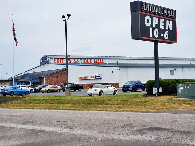The Exit 76 Antique Mall stands proud like a treasure chest waiting to be unlocked. Indiana's antique hunters know this landmark well!