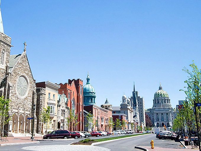 Behold Harrisburg's architectural parade! Where historic churches and the Capitol dome create a skyline that's both grand and inviting.