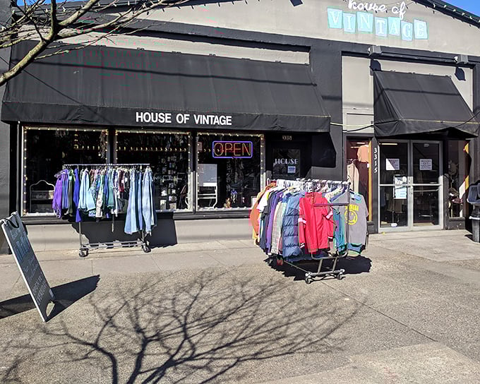 House of Vintage's storefront beckons with racks of colorful clothing treasures spilling onto the sidewalk like a fashionable yard sale.