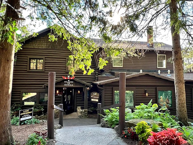 Ishnala's rustic log cabin exterior beckons like a woodland fairy tale. Nature and architecture in perfect harmony.