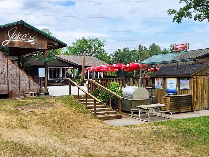 Jake's Supper Club: The rustic wooden exterior promises what every Wisconsin supper club delivers – a night of comfort, conversation, and perfectly charred steaks.