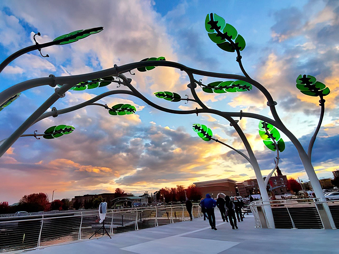 Like something from a Dr. Seuss book, these whimsical metal leaves dance against Janesville's painted sky.