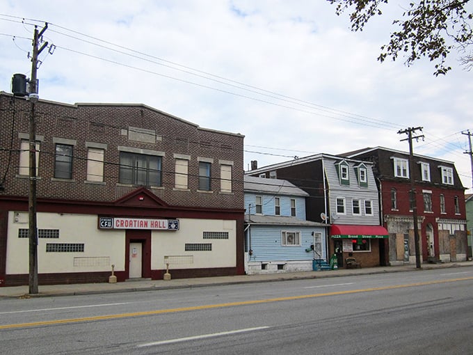 Downtown Johnstown whispers stories of yesteryear through its brick facades and Croatian Hall, standing proud against Pennsylvania skies.