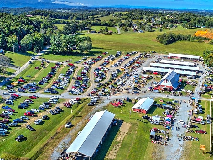 Aerial view of Jonesborough Flea Market - where treasure hunting gets a bird's eye perspective and parking looks like an organized game of Tetris.