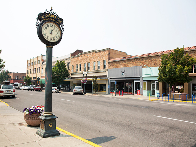 Downtown Klamath Falls welcomes you with its charming clock, standing like a friendly sentinel over Main Street.