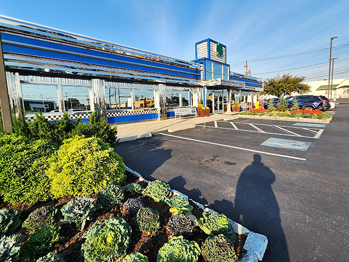 The Lyndon Diner's gleaming blue exterior shines like a chrome-plated time machine ready to transport you back to the golden age of breakfast.