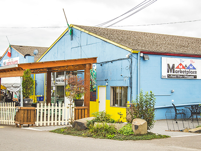 The blue facade of M&M Marketplace beckons like a colorful pi&ntilde;ata ready to burst with treasures and bargains!