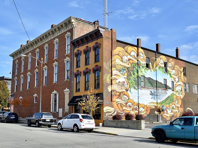 Historic brick buildings in downtown Madison stand like colorful sentinels of time, their mural-adorned walls whispering stories of river trade and bygone eras.