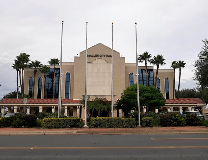 McAllen City Hall stands proud, like a mid-century dream where palm trees and civic duty collide in perfect Texas harmony.