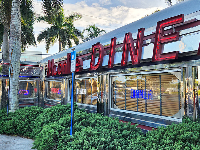 The gleaming chrome exterior of Moonlite Diner shines like a time machine to the 1950s, complete with that iconic red neon sign.