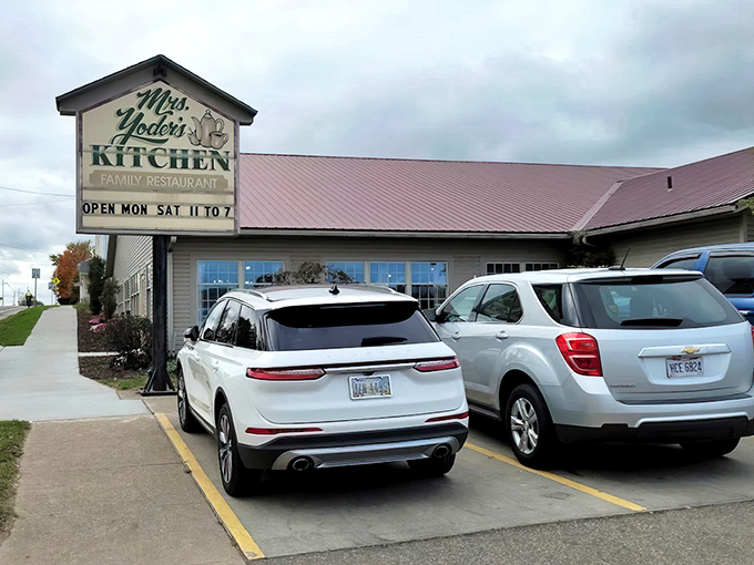 The welcoming sign of Mrs. Yoder's Kitchen promises homestyle Amish cooking that'll make you forget all about your diet plans.