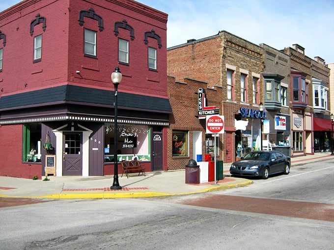 Downtown Huntington's brick beauties hide treasures inside &ndash; Nick's Kitchen waits behind that charming red awning. 