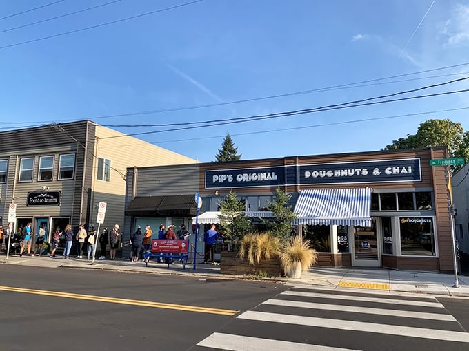 The line outside Pip's tells the whole story &ndash; these tiny donuts inspire big devotion. Blue awnings and happy faces signal donut paradise ahead.