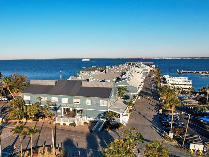 Punta Gorda's waterfront district looks like a postcard come to life, with blue buildings reflecting the harbor's sparkling waters.