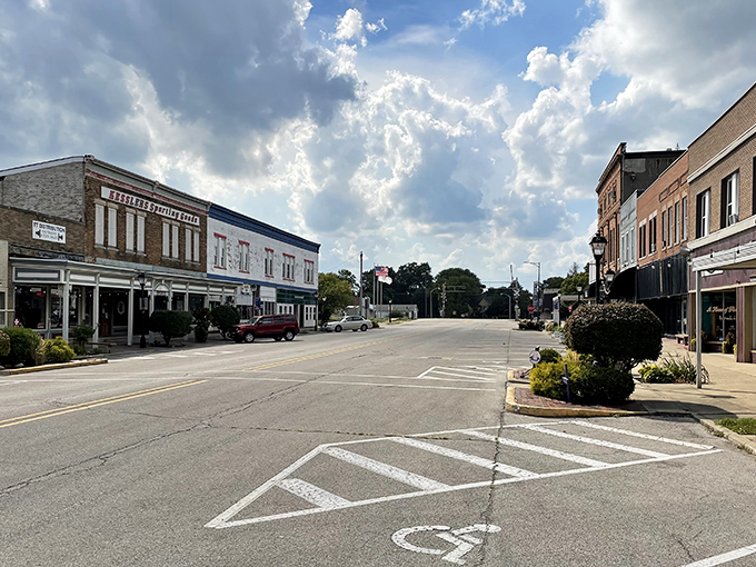Downtown Rantoul on a quiet afternoon, where the historic brick buildings stand shoulder to shoulder like old friends catching up after years apart.