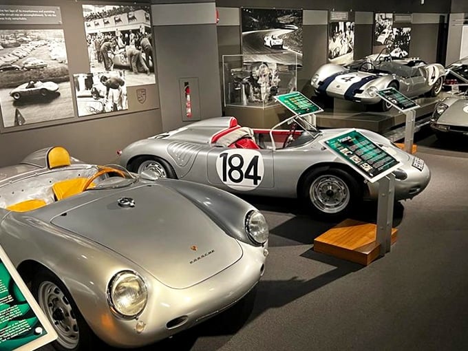 Silver beauties! These vintage Porsche racing legends at Revs Institute gleam under perfect lighting, each one telling a story of speed and innovation.