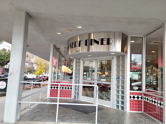 Rick's Dessert Diner: The classic red and white tiles scream "1950s dessert paradise." This retro diner front promises sweet nostalgia inside.
