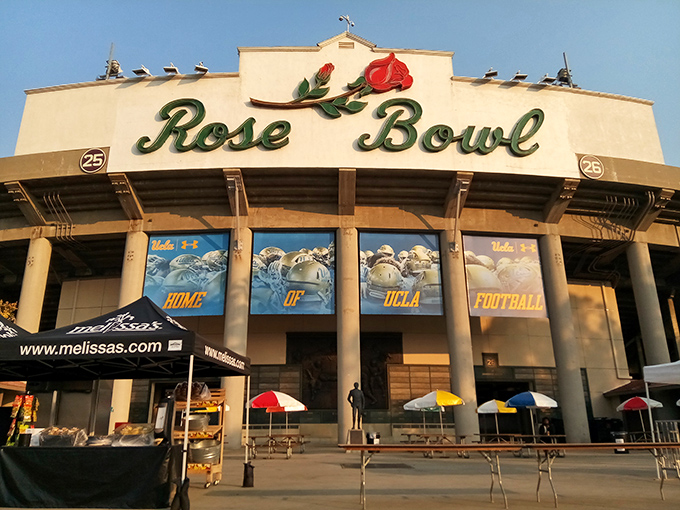 The iconic Rose Bowl transforms from football fame to treasure hunter heaven. That red rose sign promises vintage gold below!
