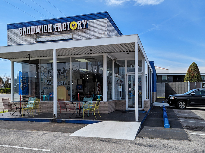 The Sandwich Factory's blue and white facade might look humble, but inside awaits a sandwich paradise that would make Dagwood Bumstead weep with joy.