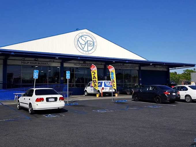 The St. Vincent de Paul storefront promises treasure hunting on an epic scale. Those parking spaces fill up fast for good reason!