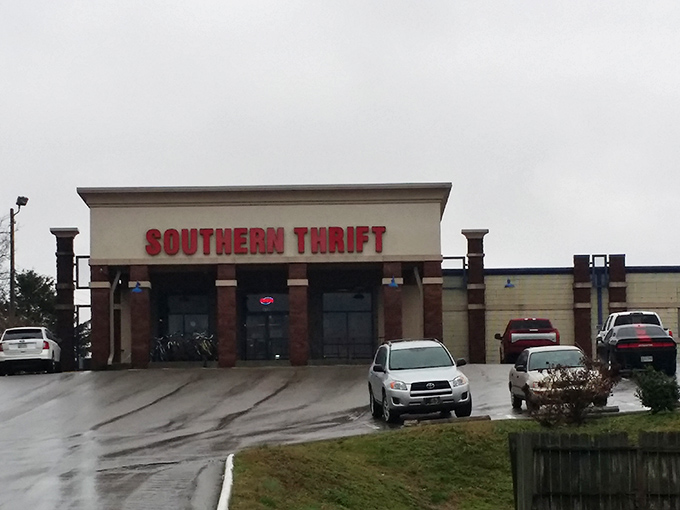 The red sign of Southern Thrift beckons like a lighthouse for bargain hunters on a rainy Nashville day.