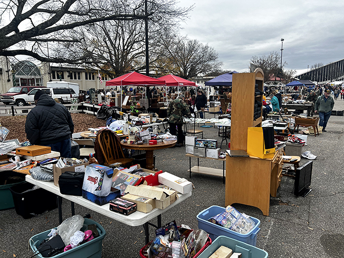 Where treasure hunting meets parking lot adventure! Tables overflow with knickknacks and collectibles while shoppers hunt for that perfect something at Raleigh's weekend wonderland.