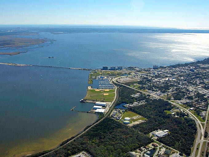 Aerial view of Titusville where the Space Coast meets tranquil waters. Rocket science and relaxation coexist perfectly here.