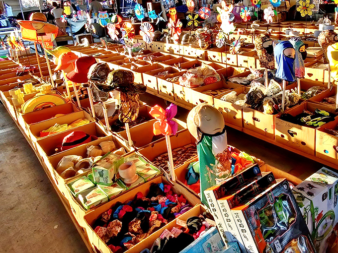 Colorful treasures await! These bins at Traders Village Houston are like pirate chests filled with everyday magic instead of gold doubloons.