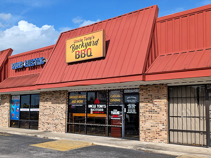 Uncle Tony's exterior beckons with that classic red roof &ndash; like a barbecue bat signal calling hungry heroes home!