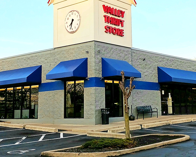 Valley Thrift Store's clock tower and blue awnings make it look more like a boutique than a bargain hunter's paradise!