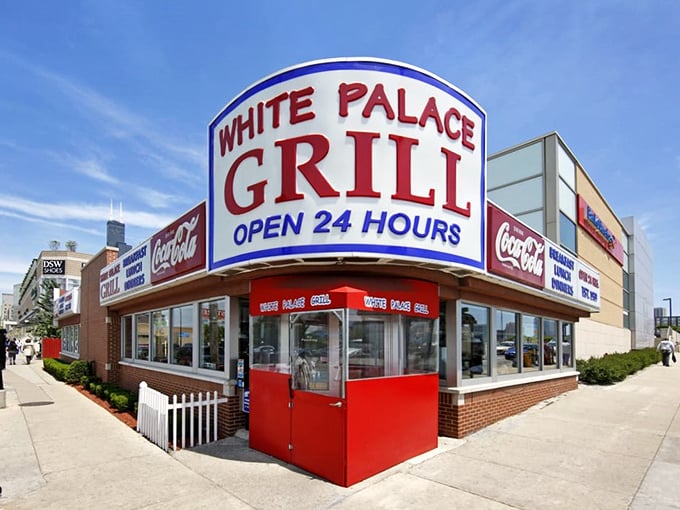The iconic White Palace Grill sign promises 24-hour breakfast magic in Chicago. Like a beacon for hungry night owls!
