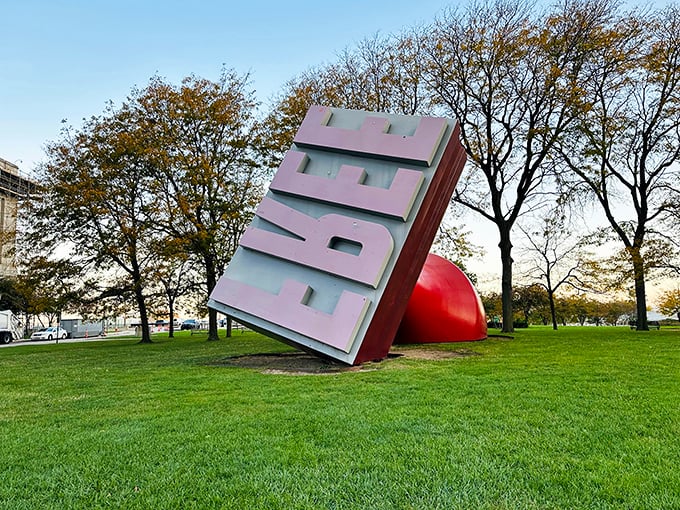 Who knew Cleveland had a stamp collection this impressive? This tilted titan makes every postcard jealous. 